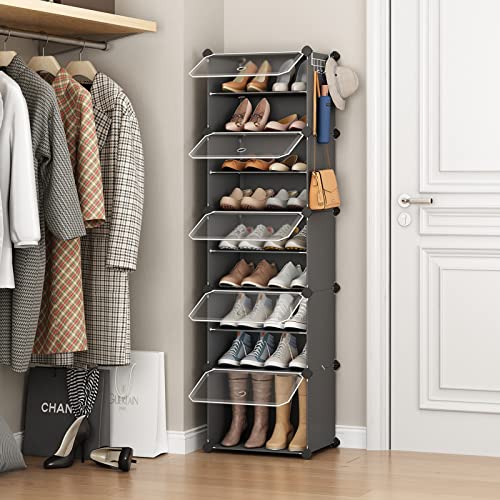 MAGINELS Portable Shoe Rack, 20-Pair DIY Vertical Storage Shelf Organizer, Plastic Shoe Organizer for Entryway, Narrow Shoe Cabinet with Doors Grey