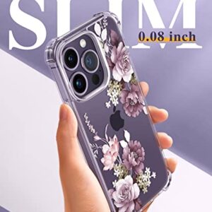 GVIEWIN Compatible with iPhone 14 Pro Case with Screen Protector & Camera Lens Protector, Floral Slim Shockproof Protective Hard PC+TPU Bumper Flower Women Cover, 6.1" 2022(Cherry Blossoms/Purple)