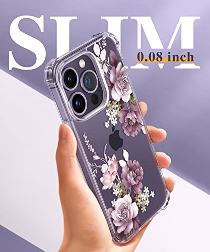 GVIEWIN Compatible with iPhone 14 Pro Case with Screen Protector & Camera Lens Protector, Floral Slim Shockproof Protective Hard PC+TPU Bumper Flower Women Cover, 6.1" 2022(Cherry Blossoms/Purple)