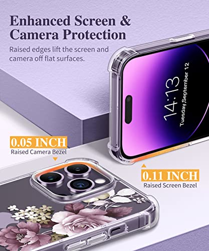 GVIEWIN Compatible with iPhone 14 Pro Case with Screen Protector & Camera Lens Protector, Floral Slim Shockproof Protective Hard PC+TPU Bumper Flower Women Cover, 6.1" 2022(Cherry Blossoms/Purple)