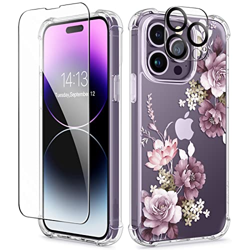 GVIEWIN Compatible with iPhone 14 Pro Case with Screen Protector & Camera Lens Protector, Floral Slim Shockproof Protective Hard PC+TPU Bumper Flower Women Cover, 6.1" 2022(Cherry Blossoms/Purple)