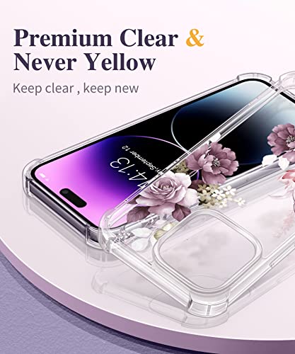 GVIEWIN Compatible with iPhone 14 Pro Case with Screen Protector & Camera Lens Protector, Floral Slim Shockproof Protective Hard PC+TPU Bumper Flower Women Cover, 6.1" 2022(Cherry Blossoms/Purple)