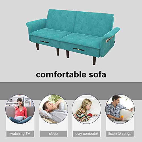 Charging Futon Sofa Bed, Velvet Convertible Sleeper Sofa Tufted Upholstered Couch with Adjustable Backrest & Armrest, Modern Accent Loveseat USB Chargeable Couch Bed for Home Living Room (Blue)