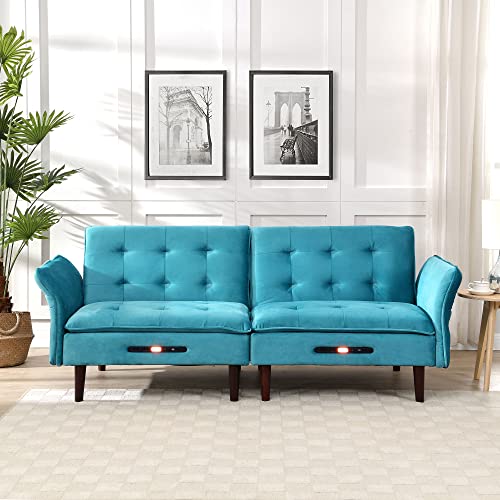 Charging Futon Sofa Bed, Velvet Convertible Sleeper Sofa Tufted Upholstered Couch with Adjustable Backrest & Armrest, Modern Accent Loveseat USB Chargeable Couch Bed for Home Living Room (Blue)