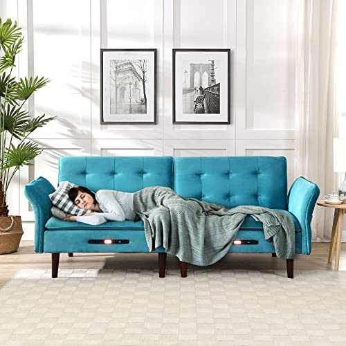 Charging Futon Sofa Bed, Velvet Convertible Sleeper Sofa Tufted Upholstered Couch with Adjustable Backrest & Armrest, Modern Accent Loveseat USB Chargeable Couch Bed for Home Living Room (Blue)