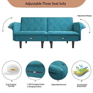 Charging Futon Sofa Bed, Velvet Convertible Sleeper Sofa Tufted Upholstered Couch with Adjustable Backrest & Armrest, Modern Accent Loveseat USB Chargeable Couch Bed for Home Living Room (Blue)