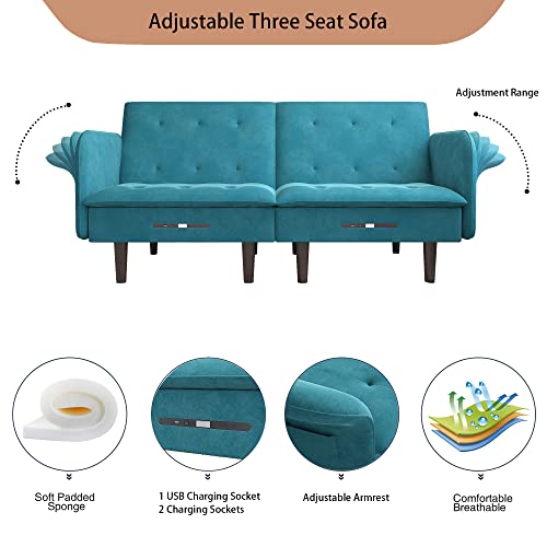 Charging Futon Sofa Bed, Velvet Convertible Sleeper Sofa Tufted Upholstered Couch with Adjustable Backrest & Armrest, Modern Accent Loveseat USB Chargeable Couch Bed for Home Living Room (Blue)