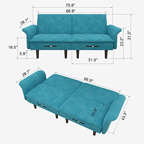 Charging Futon Sofa Bed, Velvet Convertible Sleeper Sofa Tufted Upholstered Couch with Adjustable Backrest & Armrest, Modern Accent Loveseat USB Chargeable Couch Bed for Home Living Room (Blue)