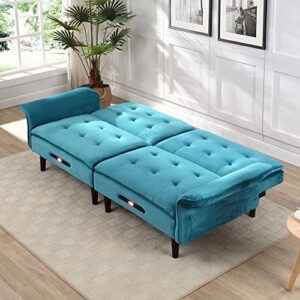 Charging Futon Sofa Bed, Velvet Convertible Sleeper Sofa Tufted Upholstered Couch with Adjustable Backrest & Armrest, Modern Accent Loveseat USB Chargeable Couch Bed for Home Living Room (Blue)