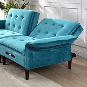 Charging Futon Sofa Bed, Velvet Convertible Sleeper Sofa Tufted Upholstered Couch with Adjustable Backrest & Armrest, Modern Accent Loveseat USB Chargeable Couch Bed for Home Living Room (Blue)