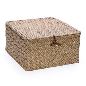 Hipiwe Wicker Shelf Baskets Bin with Lid Handwoven Seagrass Storage Basket Container Square Multipurpose Household Basket Boxes for Shelves and Home Organizer, Coffee Medium