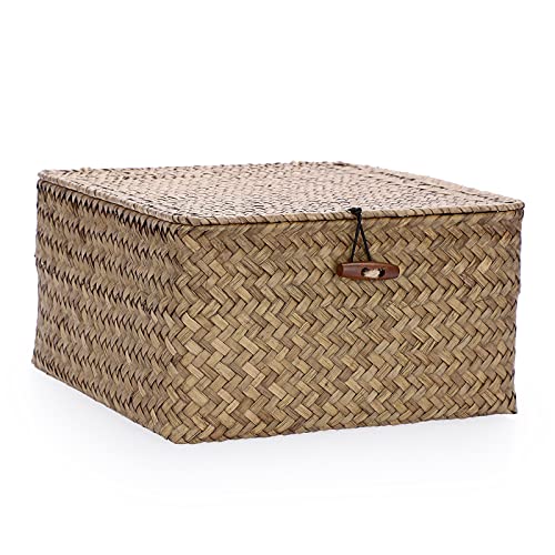 Hipiwe Wicker Shelf Baskets Bin with Lid Handwoven Seagrass Storage Basket Container Square Multipurpose Household Basket Boxes for Shelves and Home Organizer, Coffee Medium