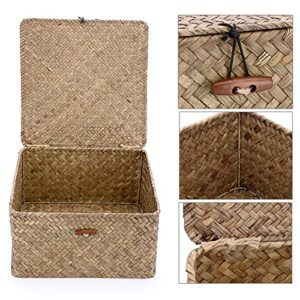 Hipiwe Wicker Shelf Baskets Bin with Lid Handwoven Seagrass Storage Basket Container Square Multipurpose Household Basket Boxes for Shelves and Home Organizer, Coffee Medium