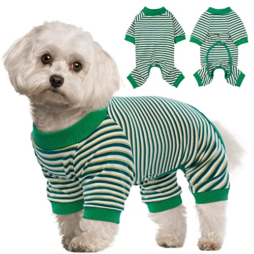 PUMYPOREITY Dog Pajamas, Cute Stripe Pet PJS for Small Medium Dogs, Dog Hair Shedding Cover Onesie, Stretchable Puppy Jumpsuit Dog Apparel Clothes, Soft Short-sleeve Dog Shirts Bodysuit Rompers Outfit