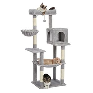 petepela cat tree for large cats, 56.3" multi-level cat tower with sisal scratching posts, super large hammock(20"x17") and top cat perch for heavy cats, grey