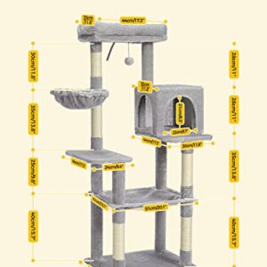 PETEPELA Cat Tree for Large Cats, 56.3" Multi-Level Cat Tower with Sisal Scratching Posts, Super Large Hammock(20"x17") and Top Cat Perch for Heavy Cats, Grey