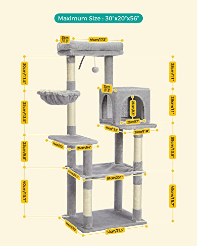 PETEPELA Cat Tree for Large Cats, 56.3" Multi-Level Cat Tower with Sisal Scratching Posts, Super Large Hammock(20"x17") and Top Cat Perch for Heavy Cats, Grey