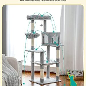 PETEPELA Cat Tree for Large Cats, 56.3" Multi-Level Cat Tower with Sisal Scratching Posts, Super Large Hammock(20"x17") and Top Cat Perch for Heavy Cats, Grey