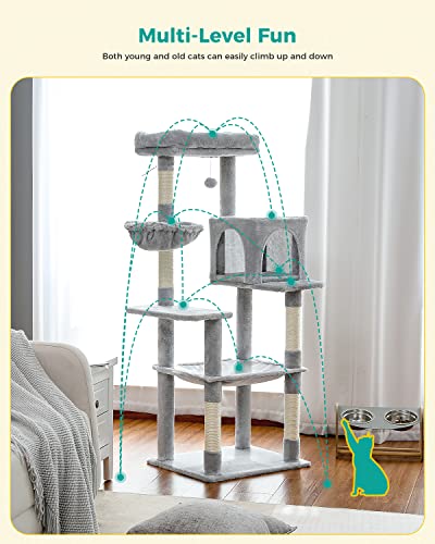 PETEPELA Cat Tree for Large Cats, 56.3" Multi-Level Cat Tower with Sisal Scratching Posts, Super Large Hammock(20"x17") and Top Cat Perch for Heavy Cats, Grey