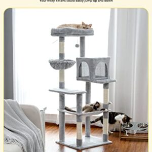 PETEPELA Cat Tree for Large Cats, 56.3" Multi-Level Cat Tower with Sisal Scratching Posts, Super Large Hammock(20"x17") and Top Cat Perch for Heavy Cats, Grey