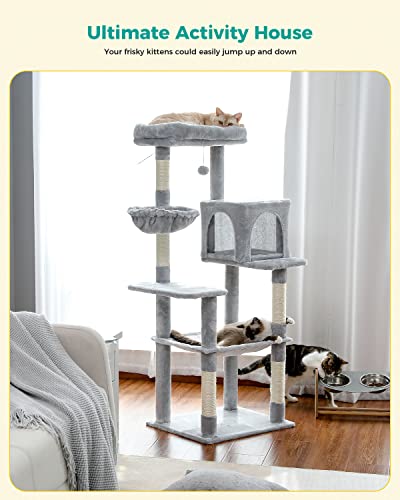 PETEPELA Cat Tree for Large Cats, 56.3" Multi-Level Cat Tower with Sisal Scratching Posts, Super Large Hammock(20"x17") and Top Cat Perch for Heavy Cats, Grey