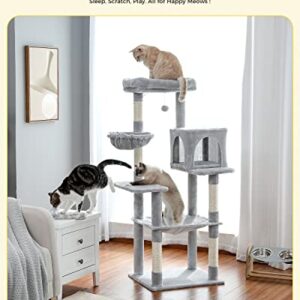 PETEPELA Cat Tree for Large Cats, 56.3" Multi-Level Cat Tower with Sisal Scratching Posts, Super Large Hammock(20"x17") and Top Cat Perch for Heavy Cats, Grey