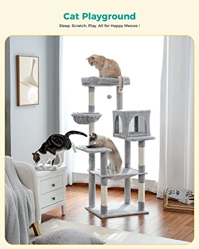 PETEPELA Cat Tree for Large Cats, 56.3" Multi-Level Cat Tower with Sisal Scratching Posts, Super Large Hammock(20"x17") and Top Cat Perch for Heavy Cats, Grey