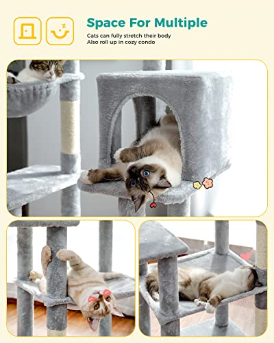 PETEPELA Cat Tree for Large Cats, 56.3" Multi-Level Cat Tower with Sisal Scratching Posts, Super Large Hammock(20"x17") and Top Cat Perch for Heavy Cats, Grey