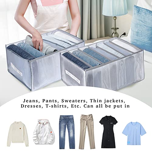 Upgraded 7 Grids Wardrobe Clothes Organizer,2PCS Jean Organizer, Jeans Compartment Storage, Drawer Organizers for Clothing with Handle Foldable, Extra Large Wardrobe Organizer