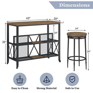 HOMYSHOPY Bar Table and Chairs Set, Modern Counter Height Dining Table Set for 2, Farmhouse Pub Table Dining Room Set with Storage for Kitchen(Brown Wood)