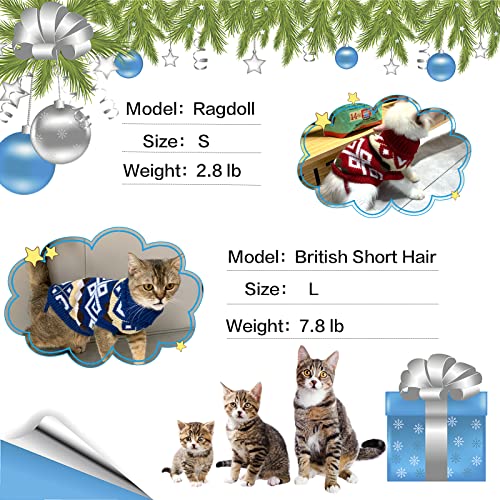 CooShou 2Pcs Christmas Dog Sweater Costume Cat Knitwear Dog Xmas Clothes Blue Christmas Red Sweaters with Diamond Plaid Pattern for Kitten Cat Puppy Dog XS