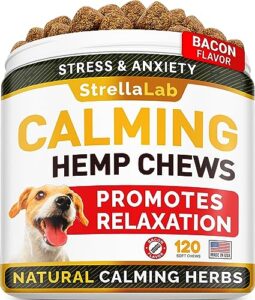 strellalab hemp calming chews for dogs anxiety relief - made in usa w/hemp oil - dog training & behavior aid - natural stress relief during firework, storm, separation, barking - 120 treats