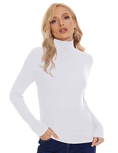 Mockneck Women White Long Sleeve Lightweight Ribbed Knit Pullover Athletic Slim T-Shirt White X-Large