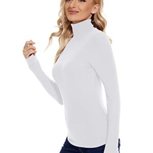 Mockneck Women White Long Sleeve Lightweight Ribbed Knit Pullover Athletic Slim T-Shirt White X-Large