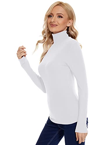 Mockneck Women White Long Sleeve Lightweight Ribbed Knit Pullover Athletic Slim T-Shirt White X-Large