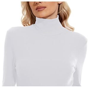 Mockneck Women White Long Sleeve Lightweight Ribbed Knit Pullover Athletic Slim T-Shirt White X-Large