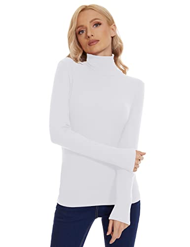 Mockneck Women White Long Sleeve Lightweight Ribbed Knit Pullover Athletic Slim T-Shirt White X-Large