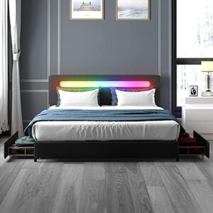 BALUS Queen Size Bed Frame with Smart LED Lights PVC Fabric Tufted Headboard Upholstered Platform Bed Frame with Storage Drawers - Black