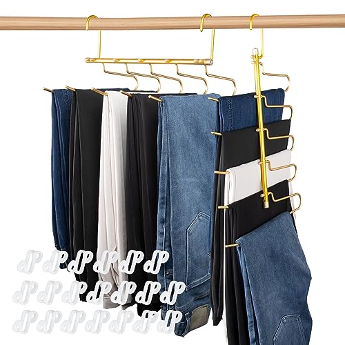 Pants Hangers Space Saving, Aluminum Alloy 5 Layers 2 Uses Pants Rack, Magic Pants Hanger Rack, Multi Functional Pants Rack Wardrobe Organizer Racks for Clothes Trousers Scarves Ties (2 pcs Gold)