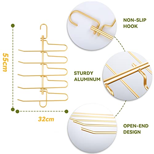 Pants Hangers Space Saving, Aluminum Alloy 5 Layers 2 Uses Pants Rack, Magic Pants Hanger Rack, Multi Functional Pants Rack Wardrobe Organizer Racks for Clothes Trousers Scarves Ties (2 pcs Gold)