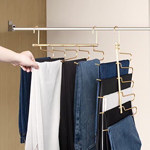 Pants Hangers Space Saving, Aluminum Alloy 5 Layers 2 Uses Pants Rack, Magic Pants Hanger Rack, Multi Functional Pants Rack Wardrobe Organizer Racks for Clothes Trousers Scarves Ties (2 pcs Gold)