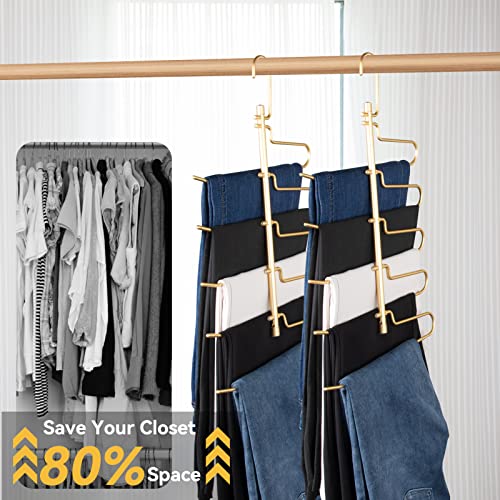 Pants Hangers Space Saving, Aluminum Alloy 5 Layers 2 Uses Pants Rack, Magic Pants Hanger Rack, Multi Functional Pants Rack Wardrobe Organizer Racks for Clothes Trousers Scarves Ties (2 pcs Gold)