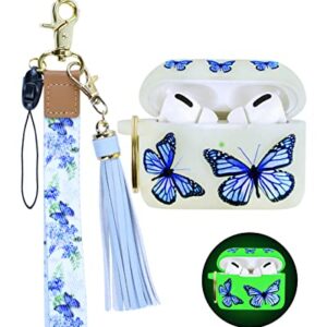 AirPod Pro Case with Keychain Wristlet, OULRAEFS Soft Silicone Skin Case Cute AirPods Pro Case Protective Case Cover with Wrist Key Lanyard for Airpods Pro 2019, Gifts for Women, Butterfly(Luminous)