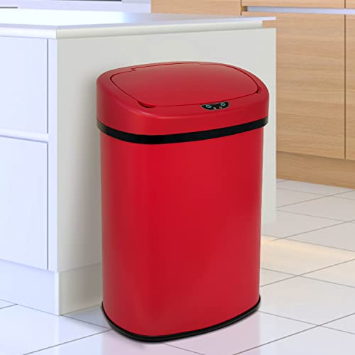 Dkelincs 13 Gallon Kitchen Trash Can Garbage Can with Lid Automatic Touch Free Stainless Steel Trash Can for Home Office Living Room Bedroom, 50 Liter (Red)