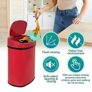 Dkelincs 13 Gallon Kitchen Trash Can Garbage Can with Lid Automatic Touch Free Stainless Steel Trash Can for Home Office Living Room Bedroom, 50 Liter (Red)