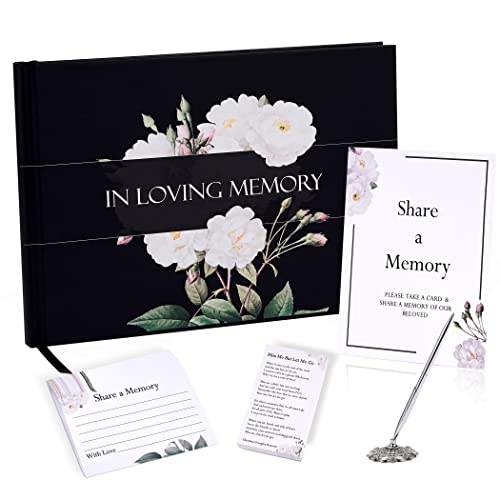 BADAWEN Funeral Guest Book, in Loving Memory Guest Book for Hardcover Memorial Service Registry Decorations, Silver Pen, Memory Table Card, Poetry Card, White Rose Set of 6