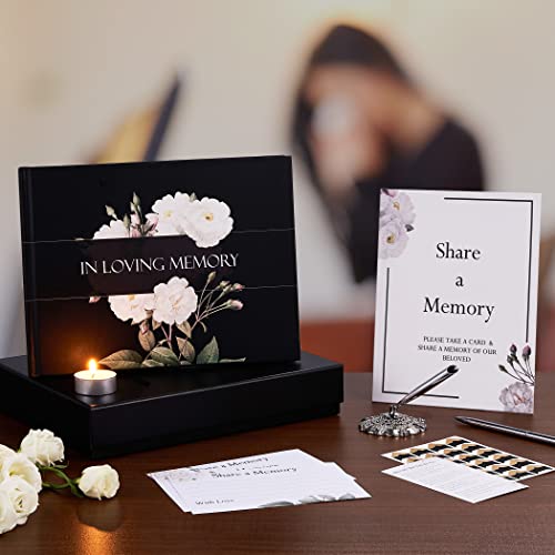 BADAWEN Funeral Guest Book, in Loving Memory Guest Book for Hardcover Memorial Service Registry Decorations, Silver Pen, Memory Table Card, Poetry Card, White Rose Set of 6