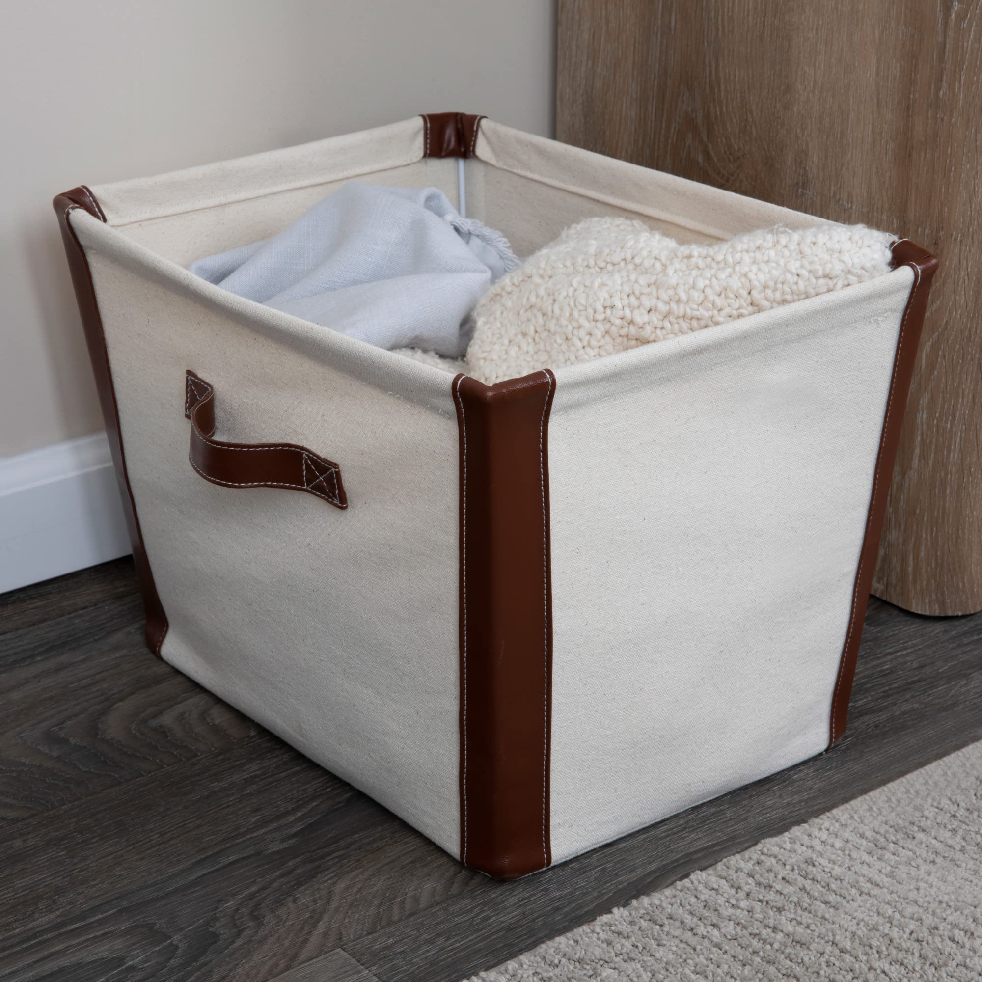 Household Essentials Canvas Bin with Vegan Leather Trim