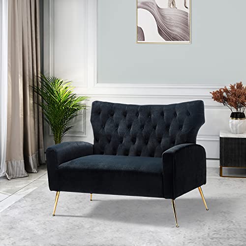 HULALA HOME Velvet Loveseat Sofa with Wingback & Gold Legs, Modern Button-Tufted 2-Seater Sofa for Living Room Bedroom, Comfy Upholstered Small Love Seat Couch, Black