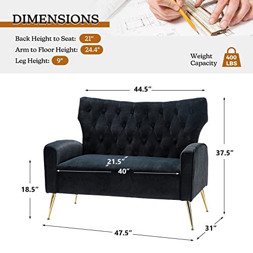 HULALA HOME Velvet Loveseat Sofa with Wingback & Gold Legs, Modern Button-Tufted 2-Seater Sofa for Living Room Bedroom, Comfy Upholstered Small Love Seat Couch, Black